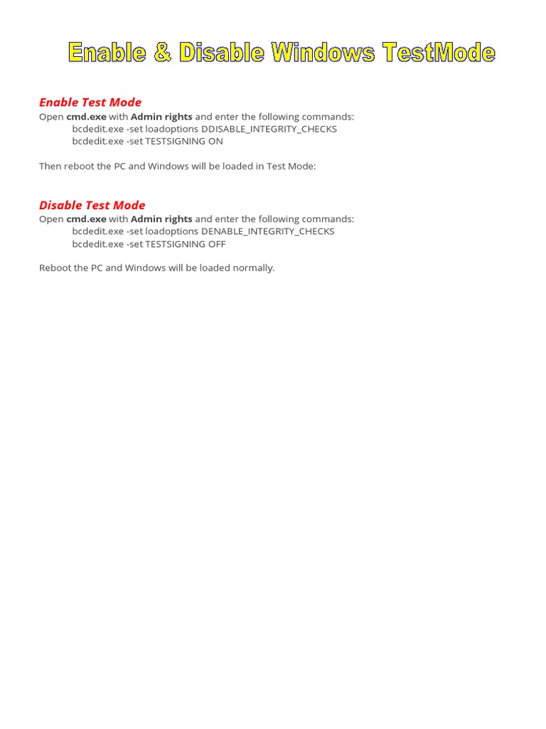 Disable Windows Test Mode Instructions | PDF