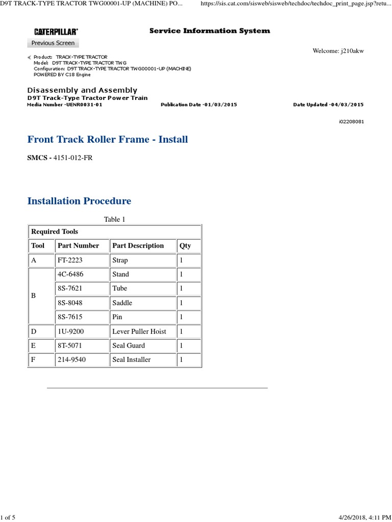 Front Track Roller Frame - Install: Disassembly and Assembly | PDF ...