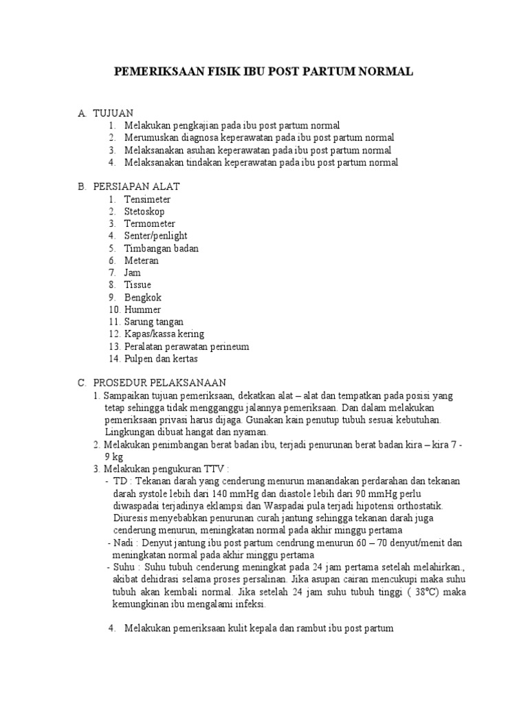 PEMERIKSAAN FISIK IBU POST PARTUM NORMAL Word | PDF