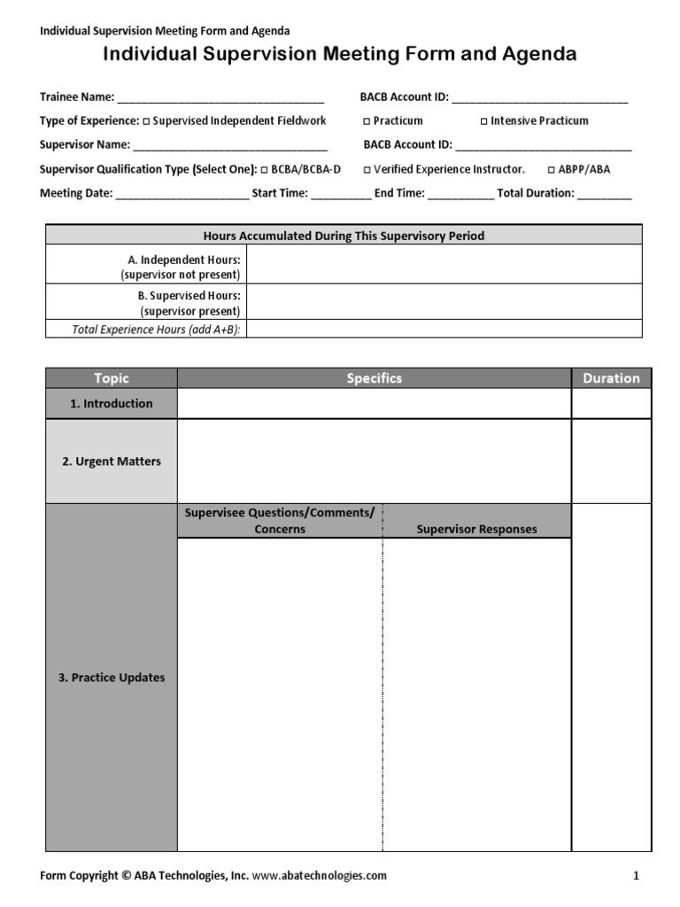 Individual Supervision Meeting Form and Agenda: Topic Specifics ...