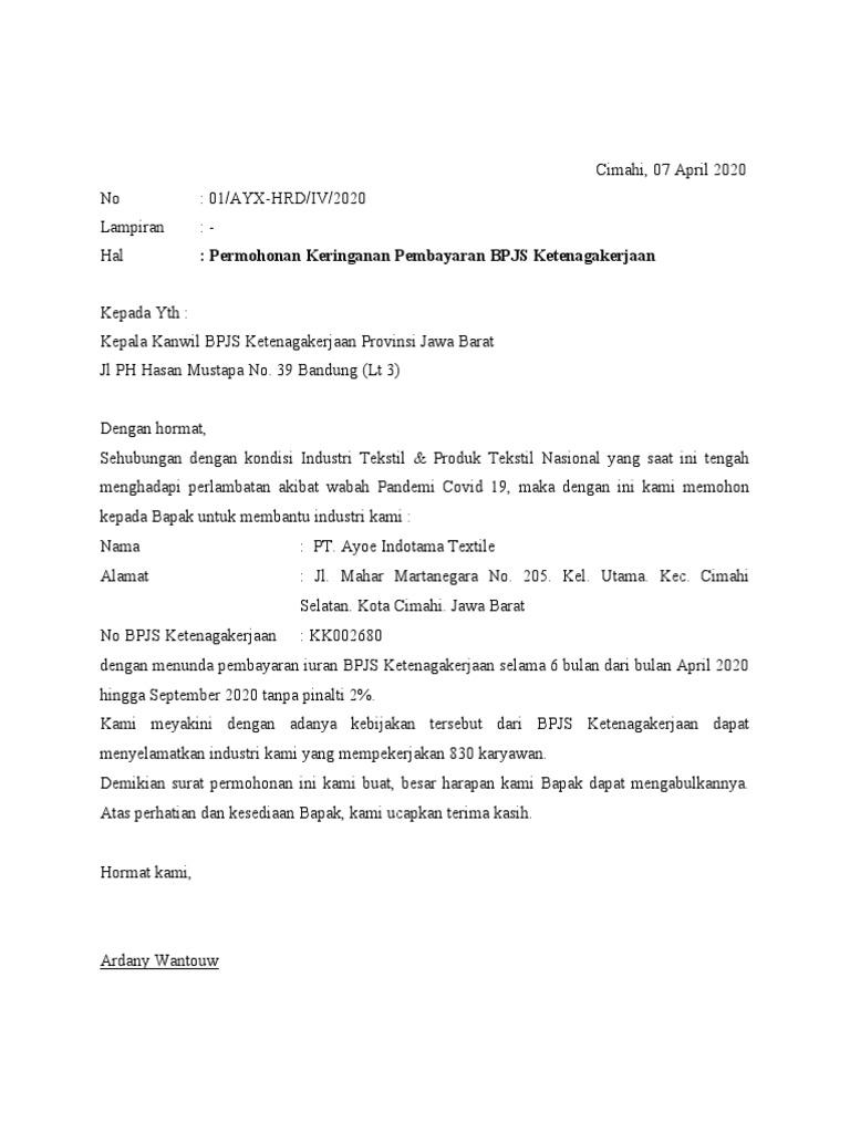 Surat Permohonan BPJS Ketenagakerjaan | PDF Surat Permohonan BPJS Ketenagakerjaan | PDF