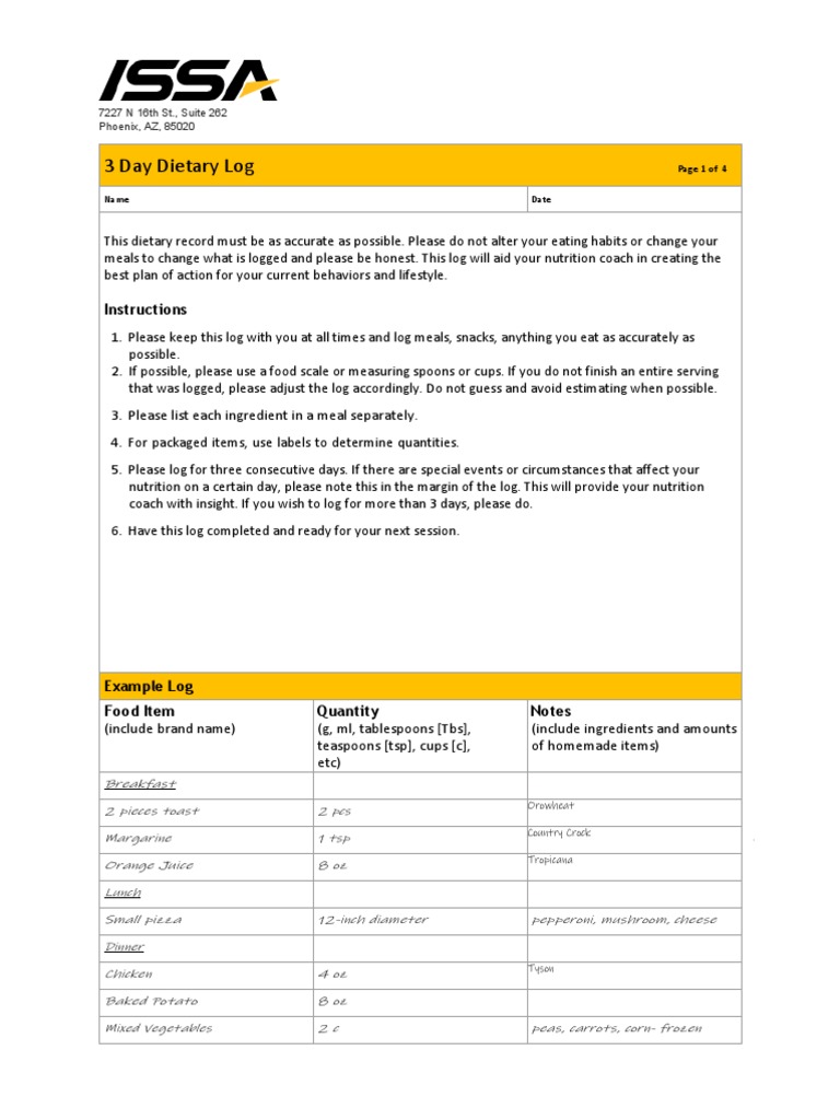 3-Day Dietary Log Instructions | PDF | Teaspoon | Meal