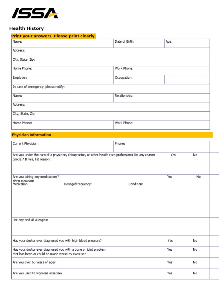 Health History: Print Your Answers. Please Print Clearly | PDF ...