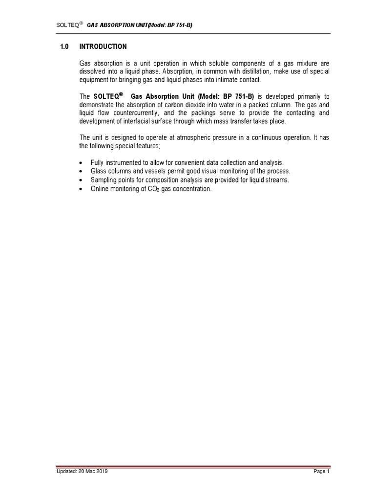 Solteq: GAS ABSORPTION UNIT (Model: BP 751-B) | PDF | Carbon Dioxide ...