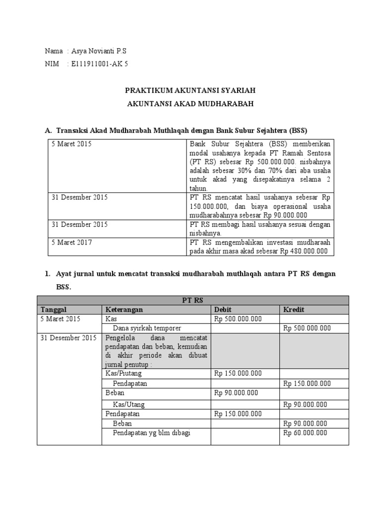 Pratikum Akuntansi Mudharabah - Asyanovianti - E111911001 - Ak5 | PDF