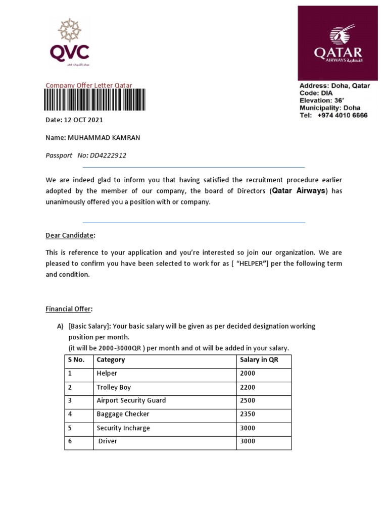 Company Offer Letter Qatar: Passport No: DD4222912 | PDF | Passport