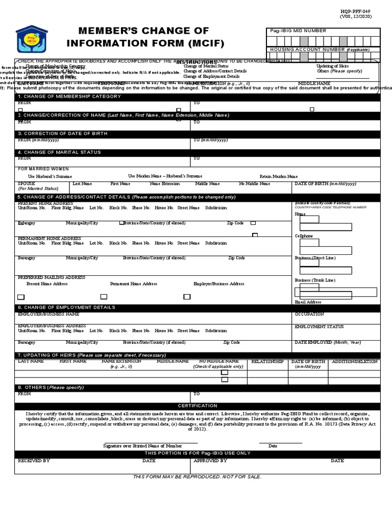 Member'S Change of Information Form (Mcif) : (Last Name, First Name ...