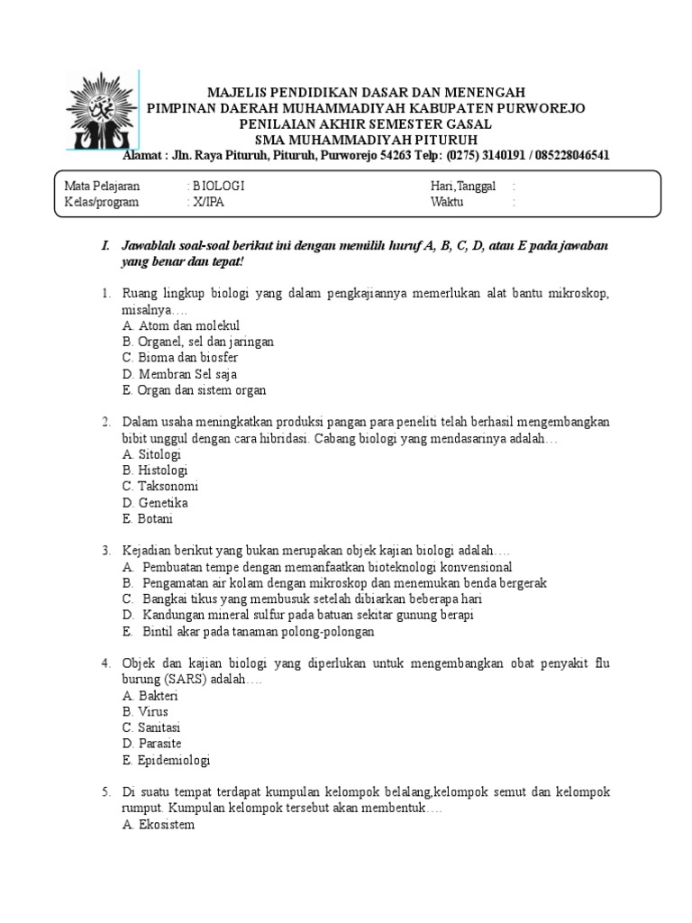 Soal Pas Biologi Kelas X k13 Josss | PDF