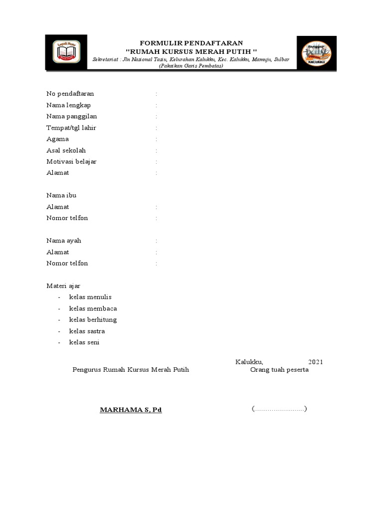 FORMULIR PENDAFTARAN Rumah Kursus Merah Putih | PDF