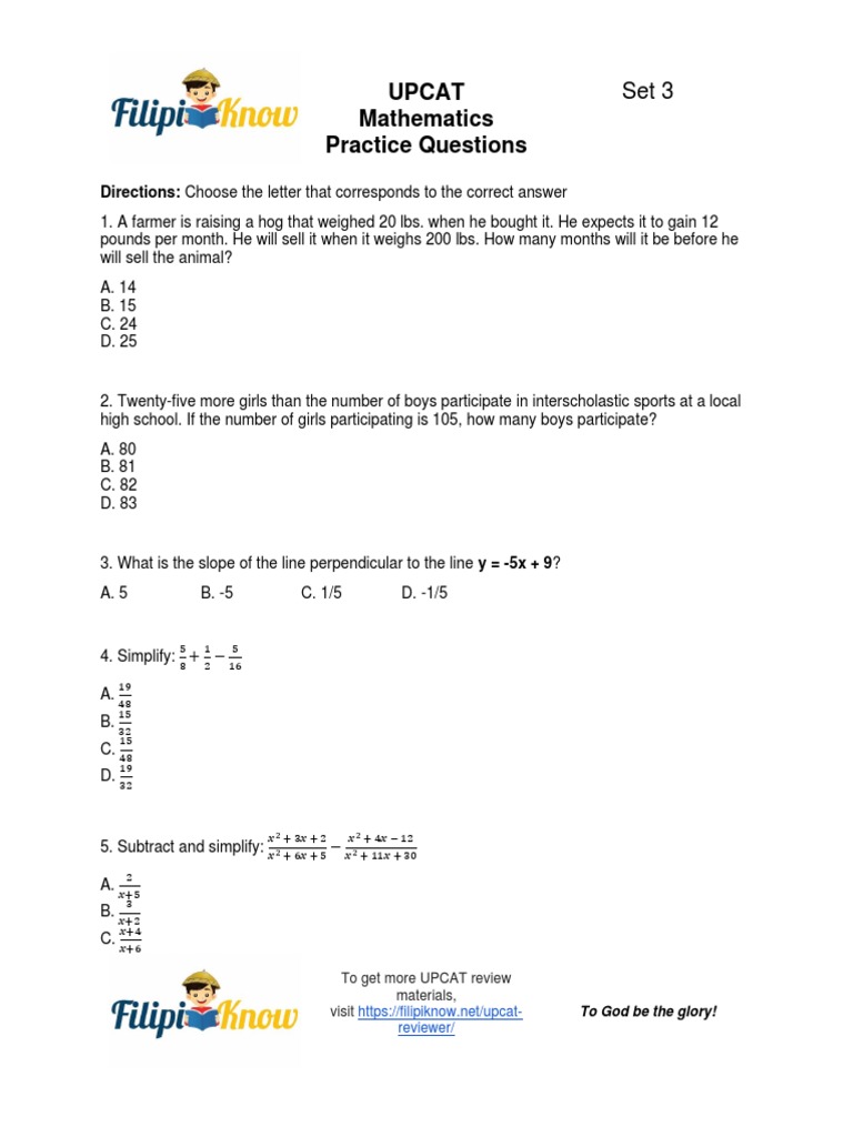 UPCAT Math Practice Questions Set 3 | PDF | Algebra | Ratio
