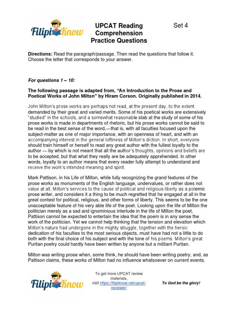 UPCAT Reading Comprehension Practice Questions Set 4 | PDF | John ...
