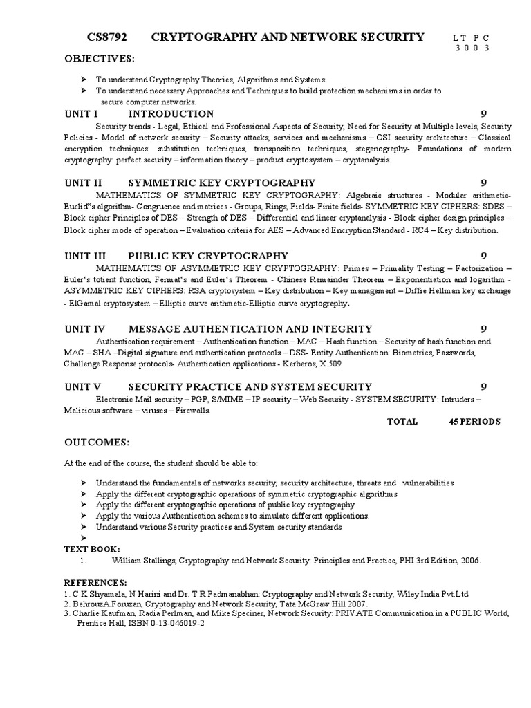 CS8792 Cryptography and Network Security: Objectives | PDF | Cryptography | Key (Cryptography)