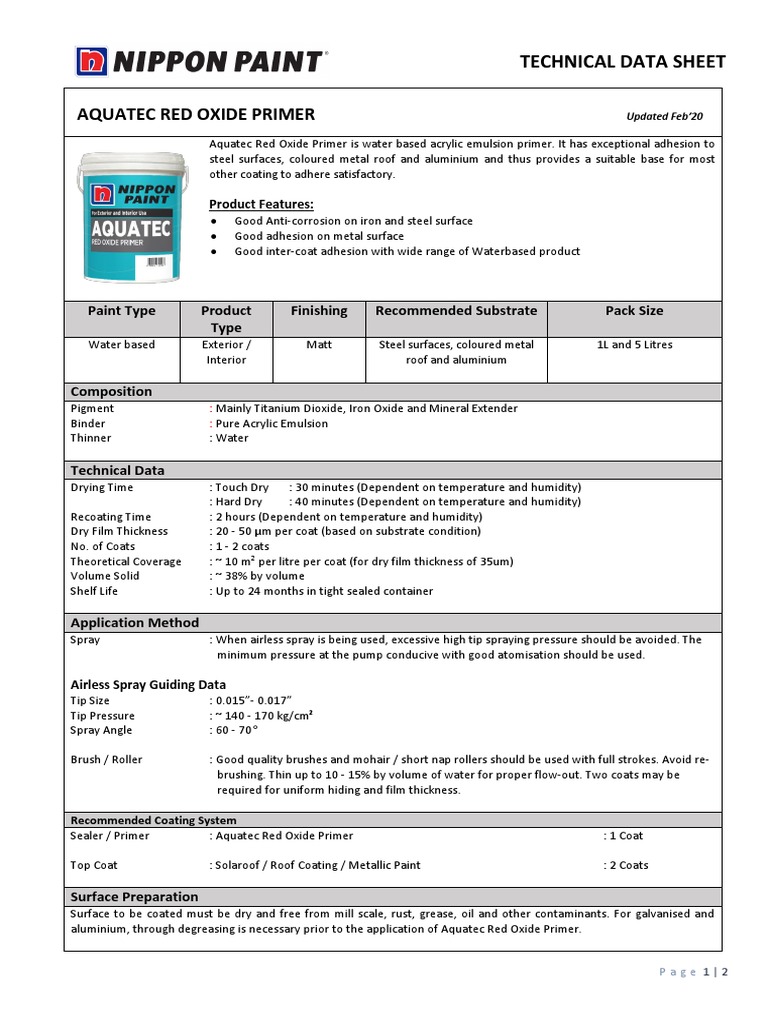 Aquatec Red Oxide Primer: Technical Data Sheet | PDF | Paint | Materials