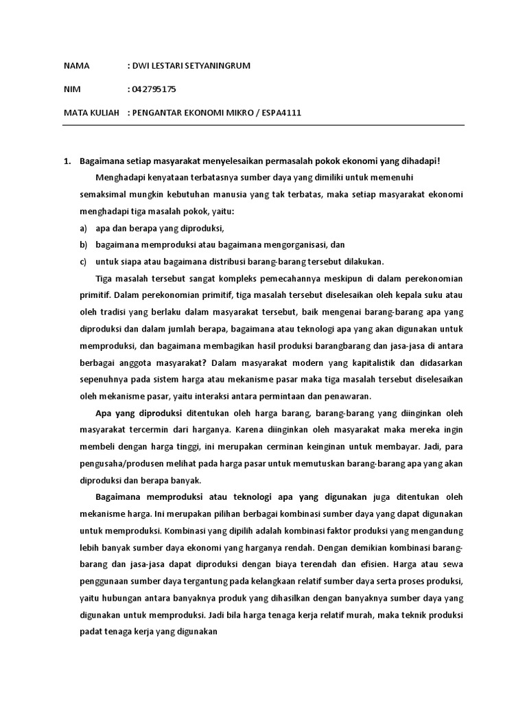 Tugas Tutorial Ke-1 Pengantar Ekonomi Mikro | PDF