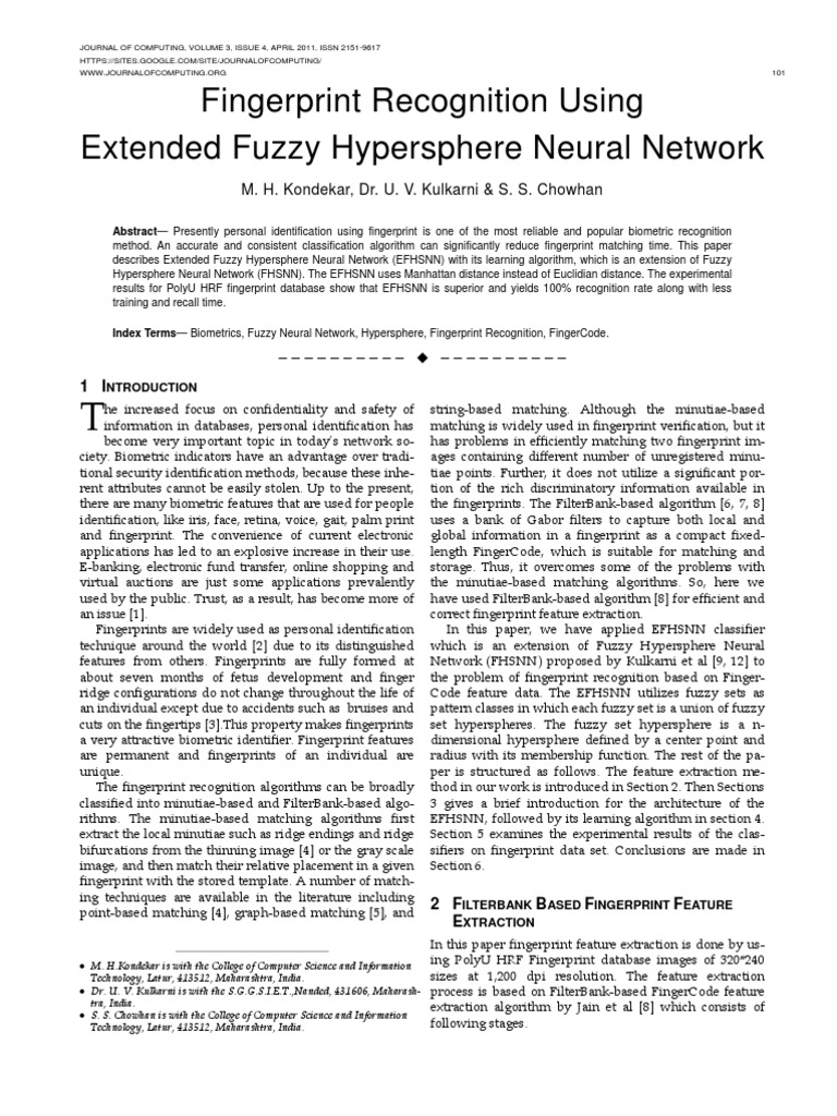 Fingerprint Recognition Using Extended Fuzzy Hypersphere Neural Network Pdf Fingerprint
