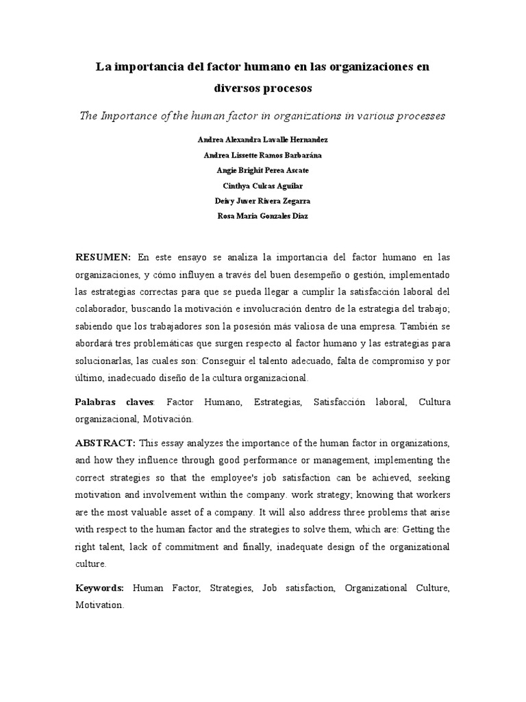 Importancia Del Factor Humano en Diversos Procesos | PDF | Gestión de recursos humanos | Liderazgo