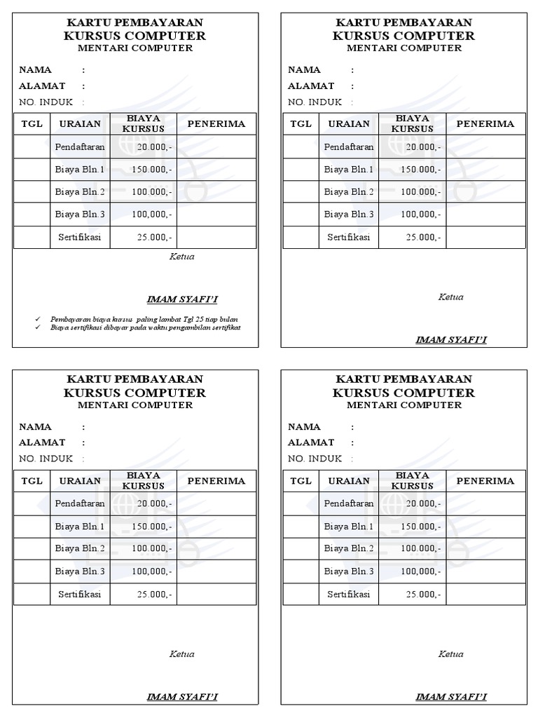 Kartu Pembayaran Kursus | PDF
