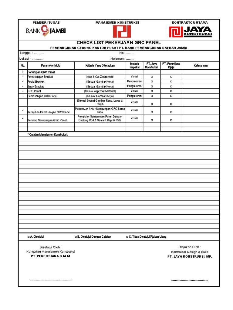 Checklist Pemasangan GRC Panel | PDF