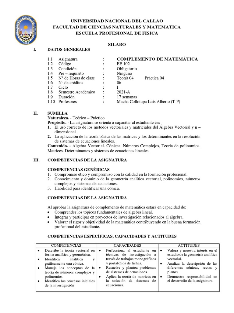 Silabo - Complemento de Matemática | PDF | Matriz (Matemáticas) | Vector Euclidiano