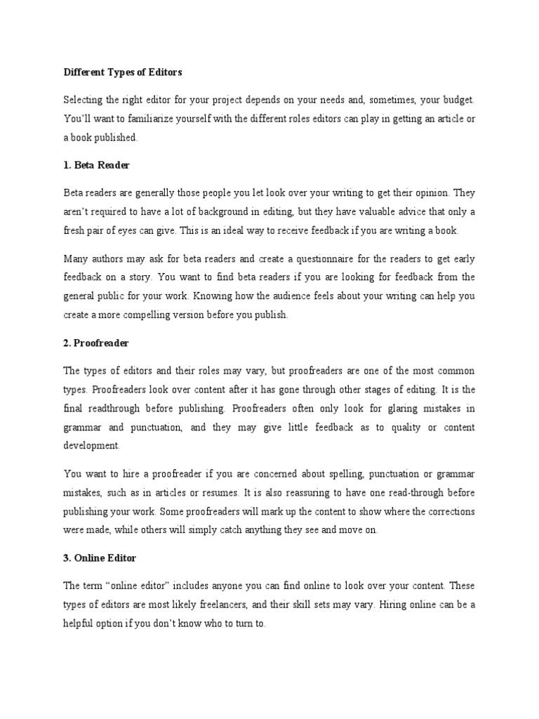 Types of Editors Explained | PDF | Editing | Copy Editing