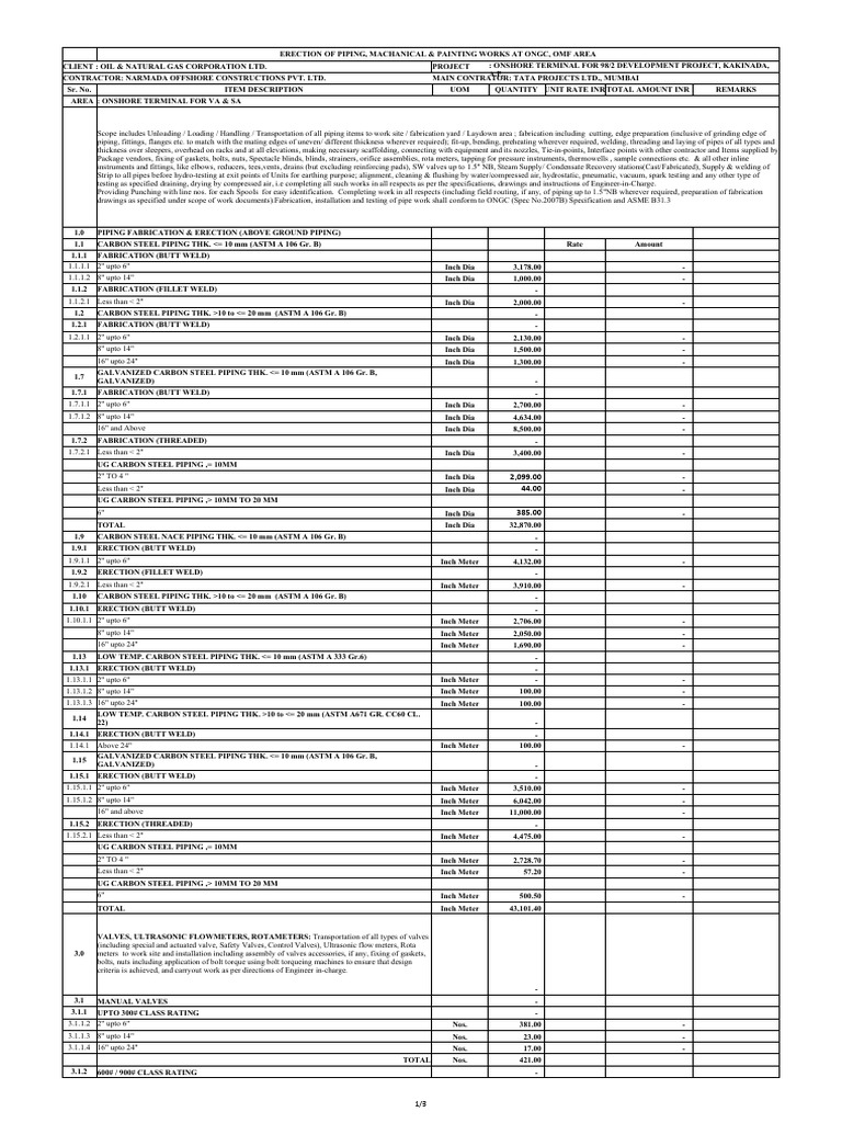 Subcontract Sor Nocpl - Tata - Ongc Kakinada Omf Piping Works 30112021 ...