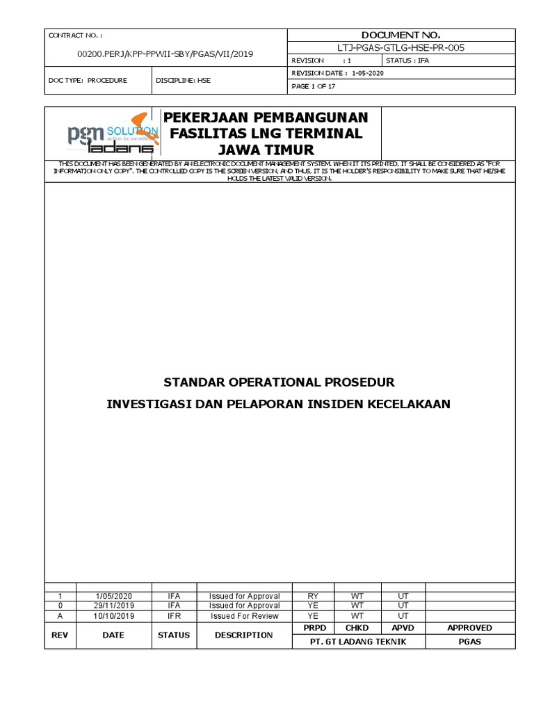 LTJ-PGAS-GTLG-HSE-PR-005 - Prosedur Investigasi Dan Pelaporan Insiden Kecelakaan | PDF ...