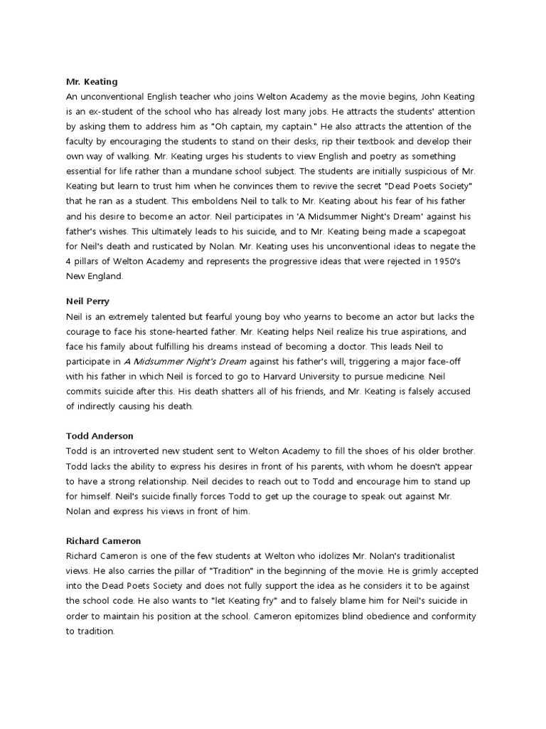Dead Poet's Society - Characters | PDF