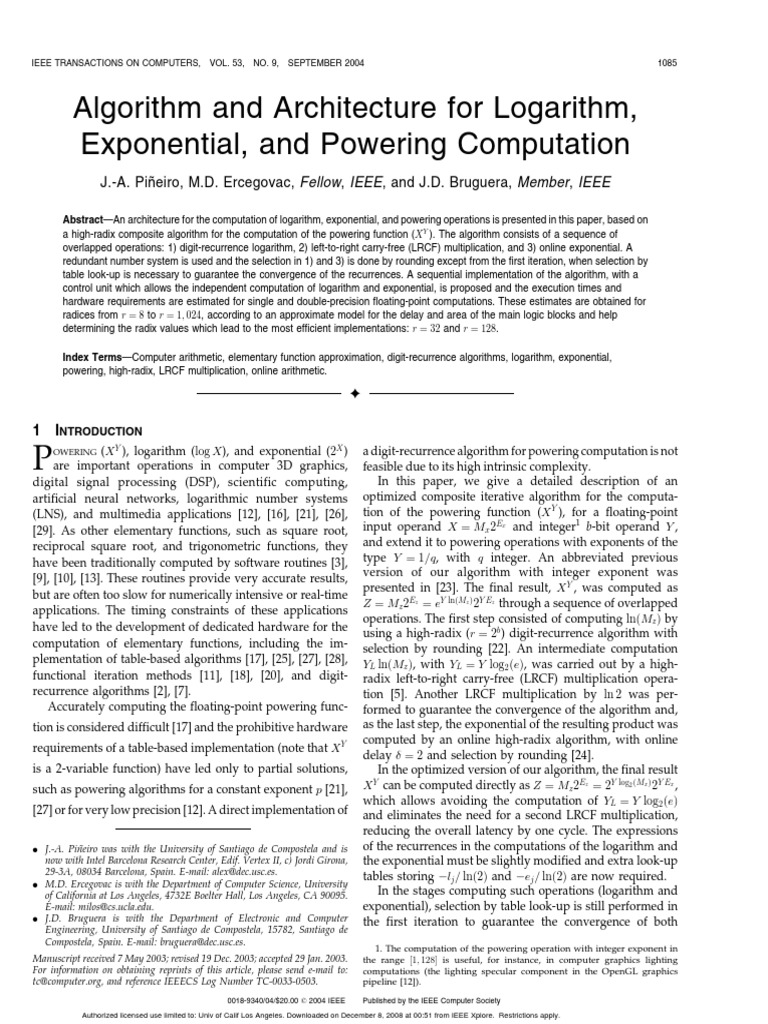 Algorithm and Architecture For Logarithm, Exponential, and Powering ...