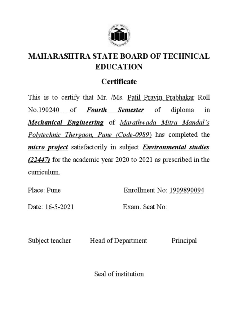 Certificate of Microproject Est (Pravin Patil) 190240 | PDF | Teaching ...