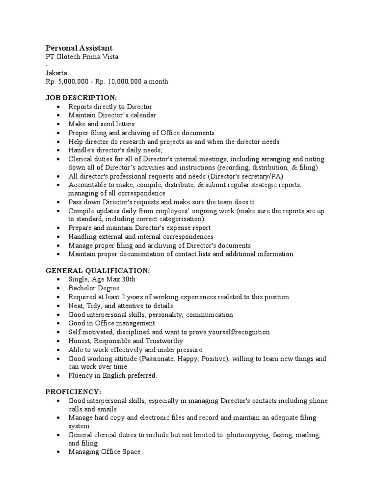 Personal Assistant: Job Description | PDF | Cognition | Communication