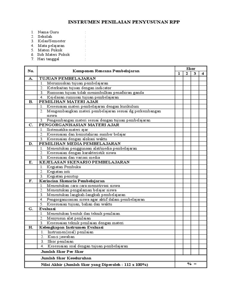 Instrumen Penilaian Penyusunan RPP | PDF