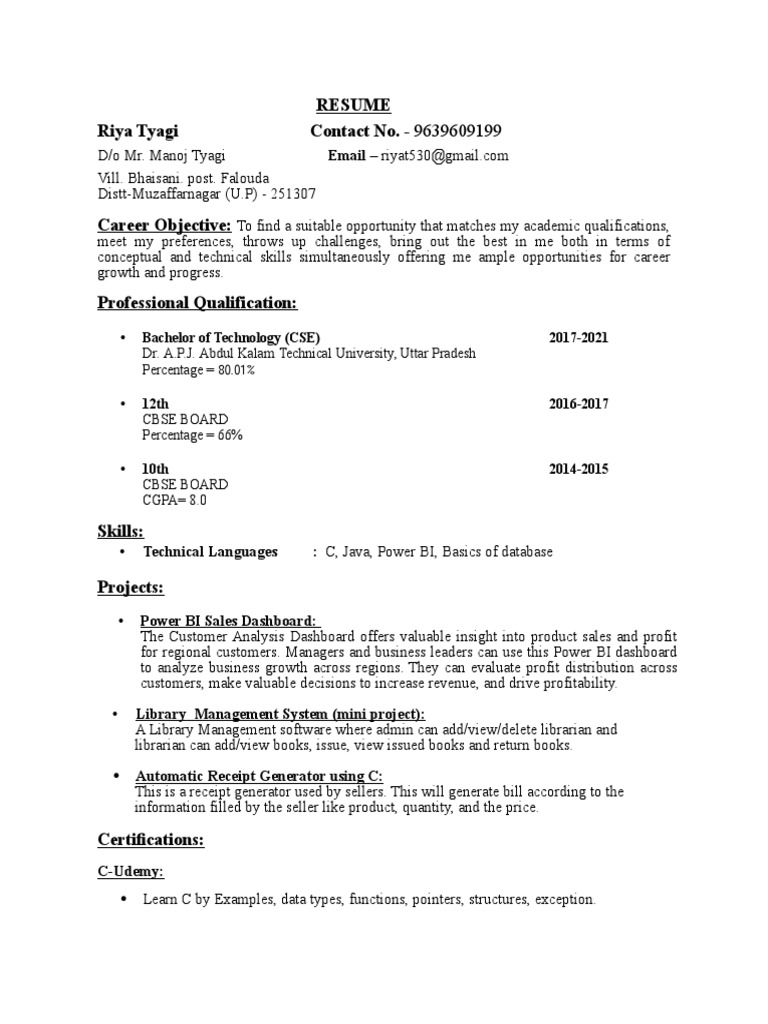 A Powerful Resume Showcasing Riya Tyagi's Technical Skills and Projects ...