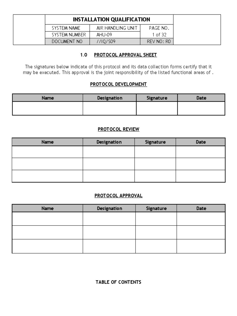 Installation Qualification: 1.0 Protocol Approval Sheet | PDF | Duct ...