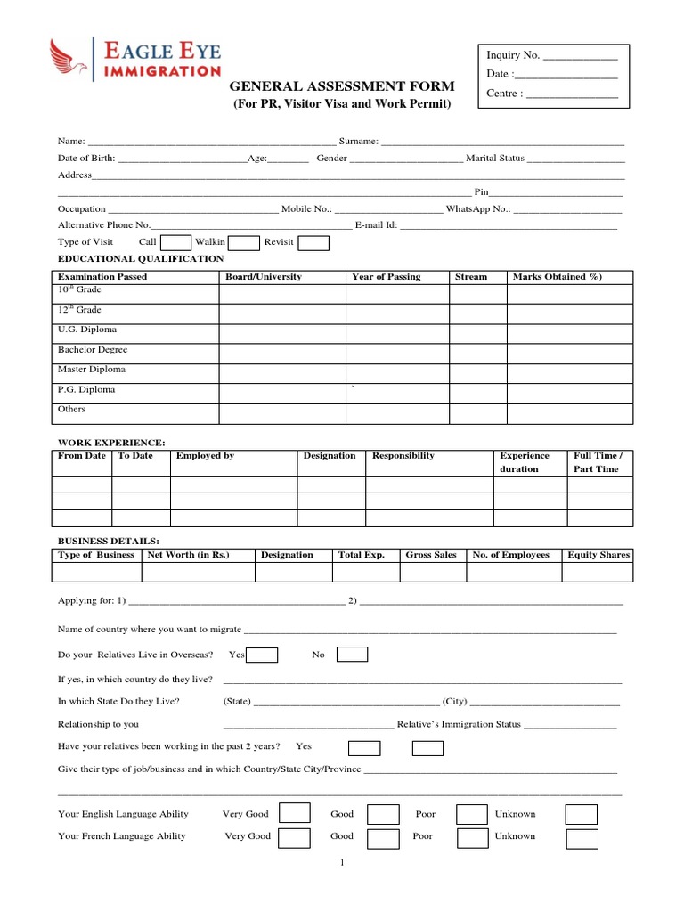 General Assessment Form: (For PR, Visitor Visa and Work Permit) | PDF ...