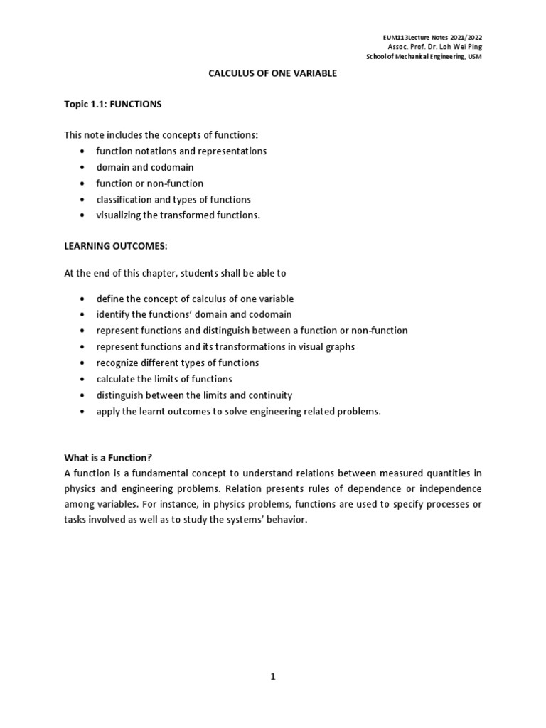 Calculus of One Variable Topic 1.1: FUNCTIONS: Assoc. Prof. Dr. Loh Wei ...