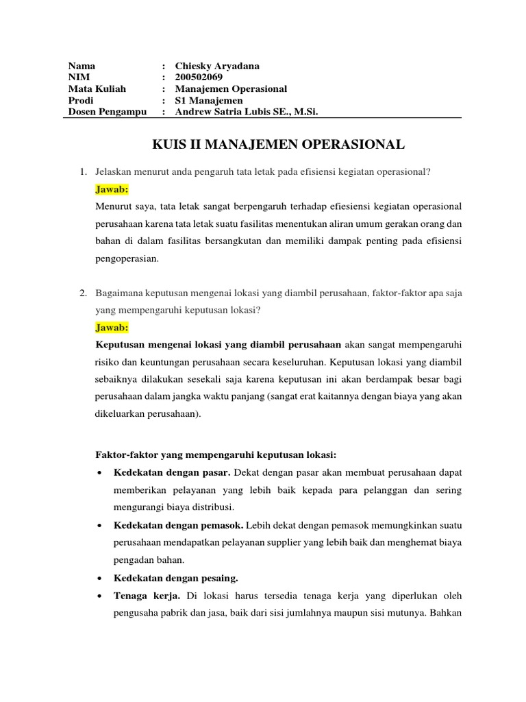 Chiesky Aryadana - 200502069 - Kuis II MNJ Operasional | PDF