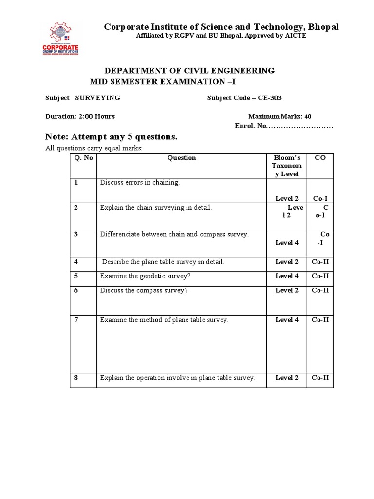 Surveying I MST Paper | PDF