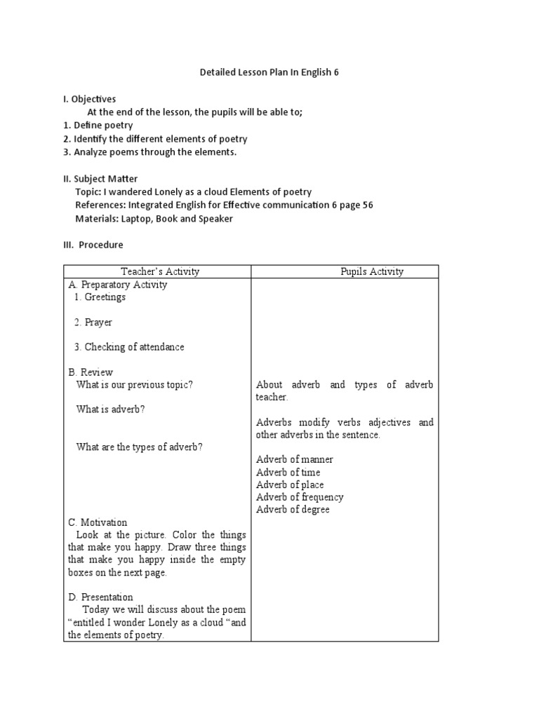 Detailed Lesson Plan in English 6 | PDF | Adverb | Poetry