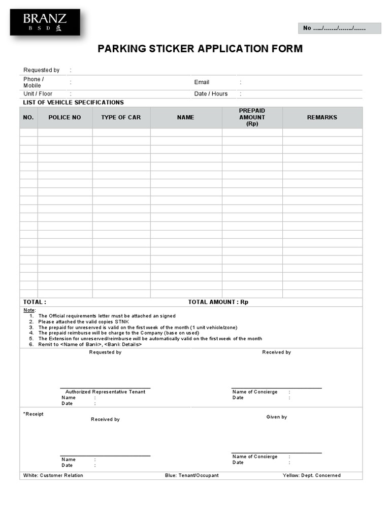 Parking Sticker Application Form: Requested By: Phone / Mobile: Email ...