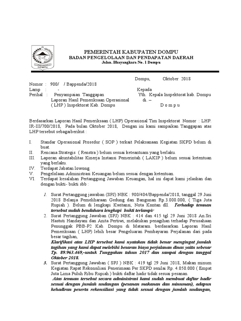 Surat Tanggapan Temuan Inspektorat | PDF