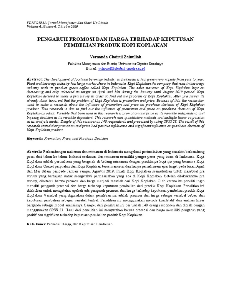 Pengaruh Promosi Dan Harga Terhadap Keputusan Pembelian Produk Kopi Koplakan | PDF | Marketing ...