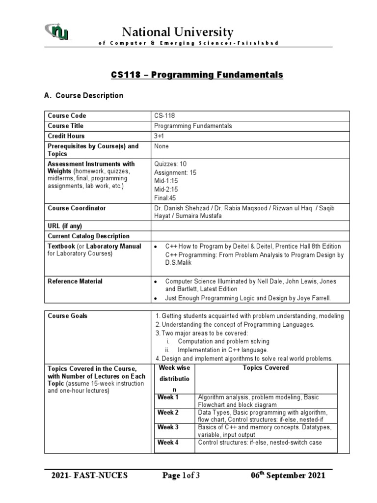 Pf Course Outline Fall2021 Pdf Pointer Computer Programming Computer Programming
