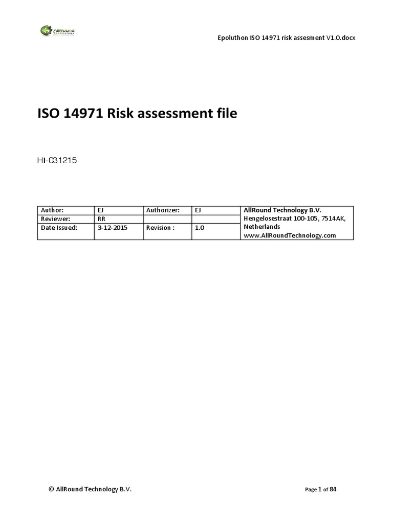 ISO 14971 Risk Assesment Report | PDF | Risk | Medical Device