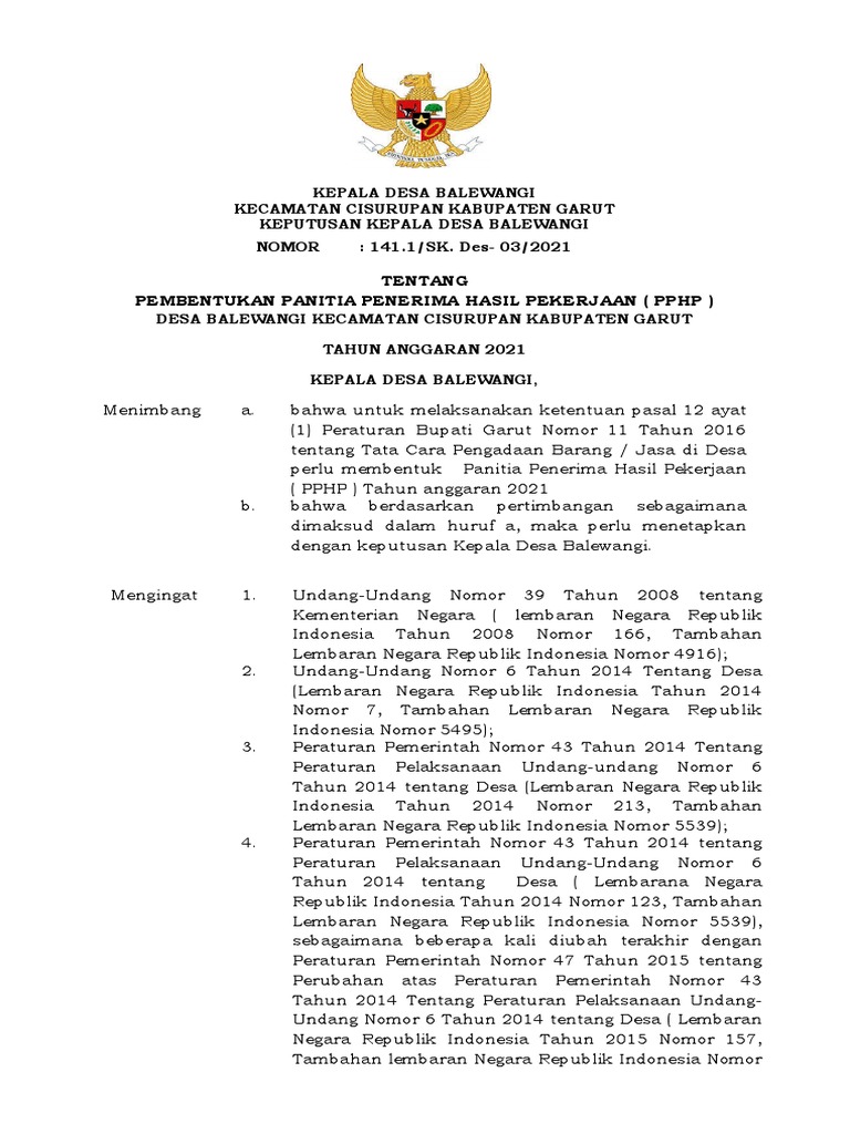 SK Kades Panitia Penerima Hasil Pekerjaan (PPHP) 2021 | PDF