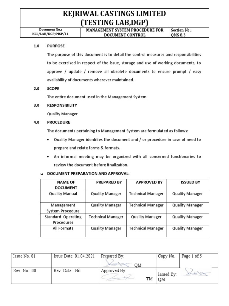 Kejriwal Castings Limited (Testing Lab, DGP) : 1.0 Purpose | PDF ...