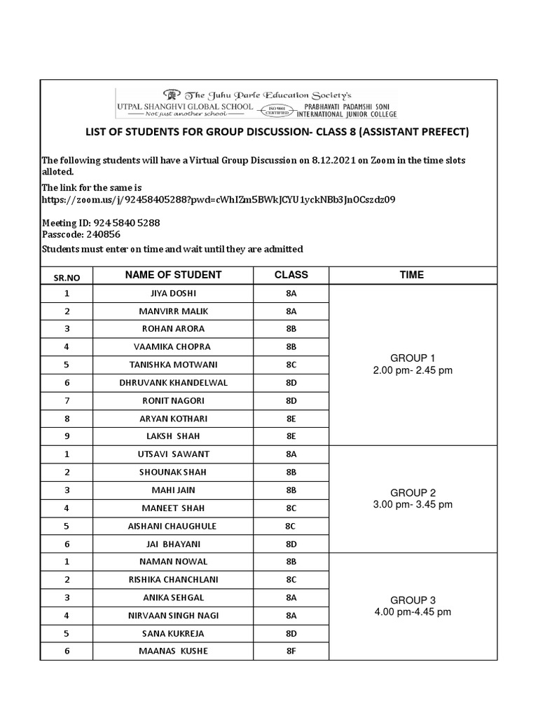 List of Students For Group Discussion-Class 8 (Assistant Prefect) | PDF