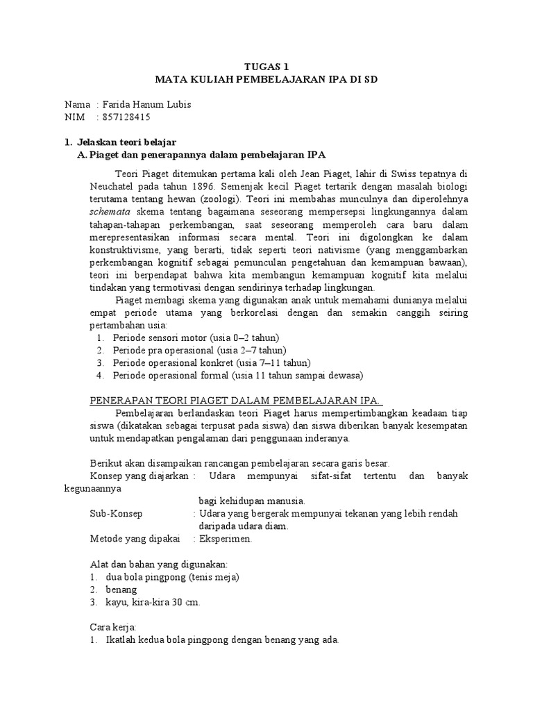 Teori Belajar IPA SD: Piaget, Bruner, Gagne, Ausubel | PDF