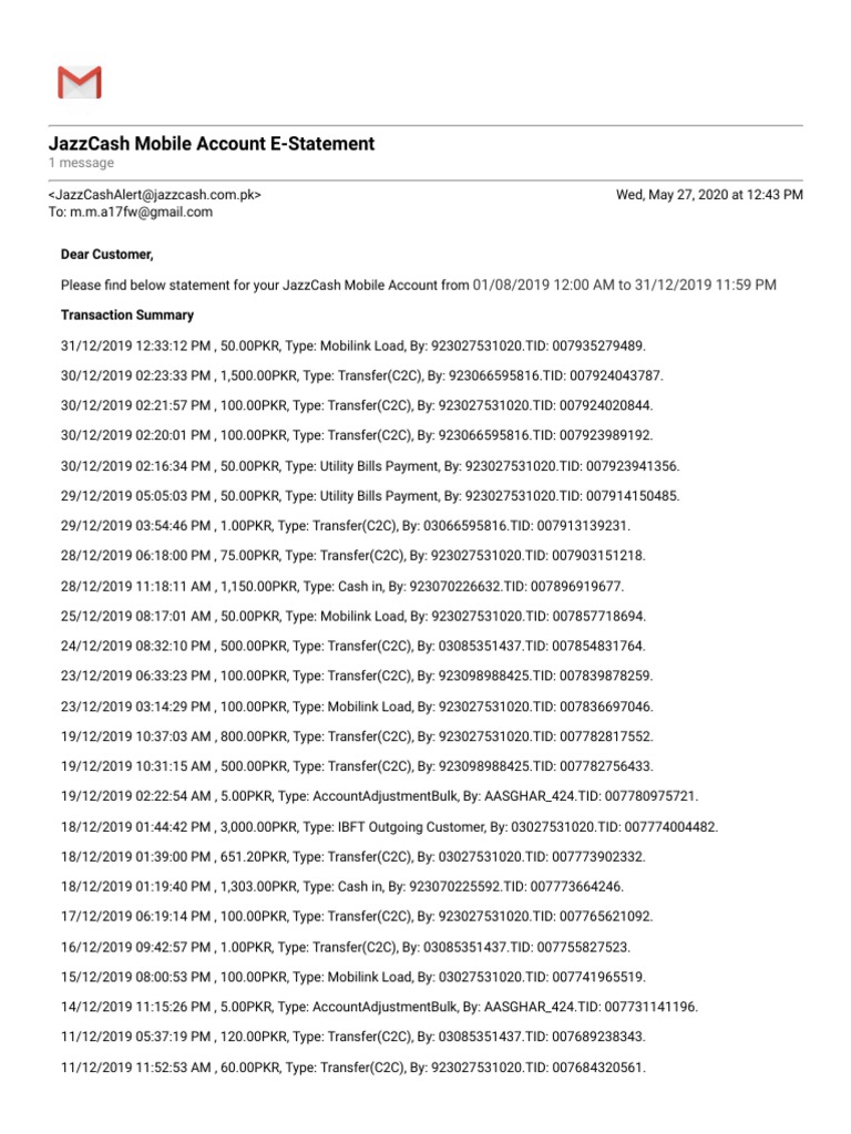 Jazzcash Mobile Account E-Statement: 1 Message | Download Free PDF ...