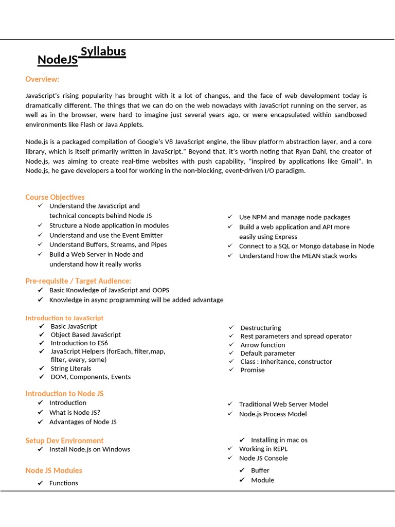 Nodejs Syllabus: Overview | Download Free PDF | Java Script | Information Technology Management