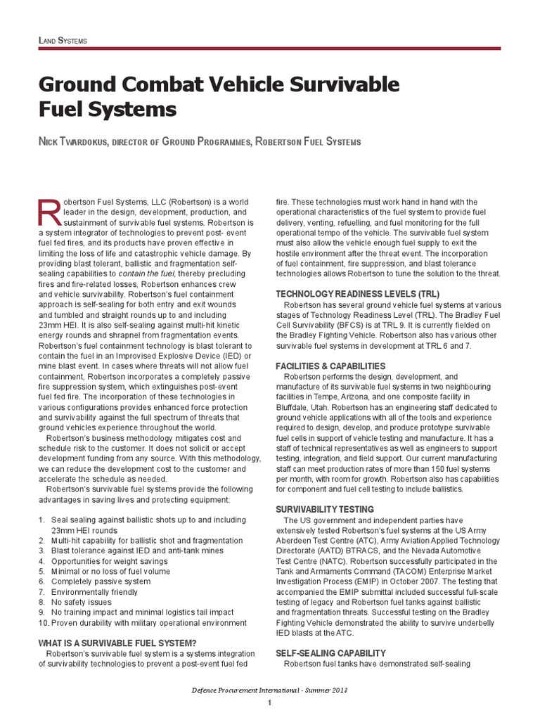Survivable Fuel Systems for Ground Combat Vehicles: Robertson Fuel ...